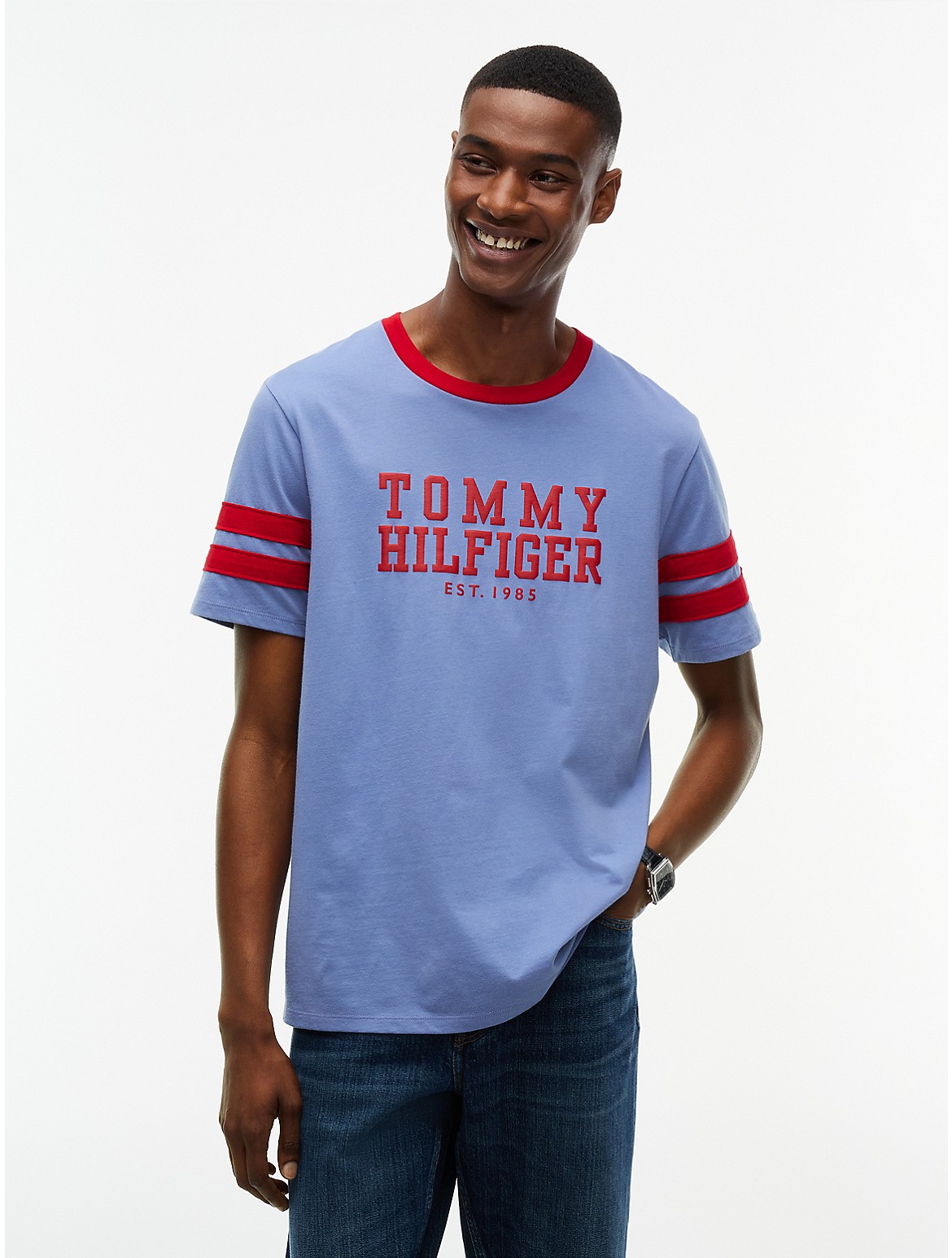 TOMMY HILFIGER men's varsity logo stripe t-shirt -